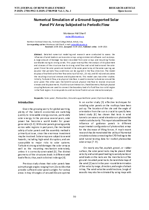(PDF) Numerical Simulation of a Ground-Supported Solar Panel PV Array Subjected to Periodic Flow