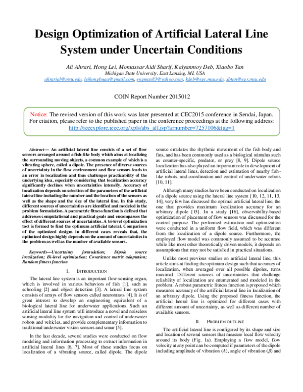 (PDF) Design optimization of artificial lateral line system under uncertain conditions