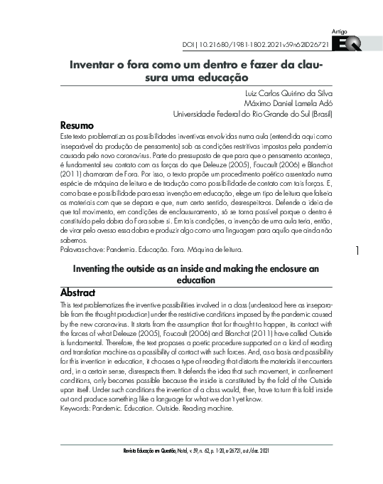 (PDF) Inventar o fora como um dentro e fazer da clausura uma educação