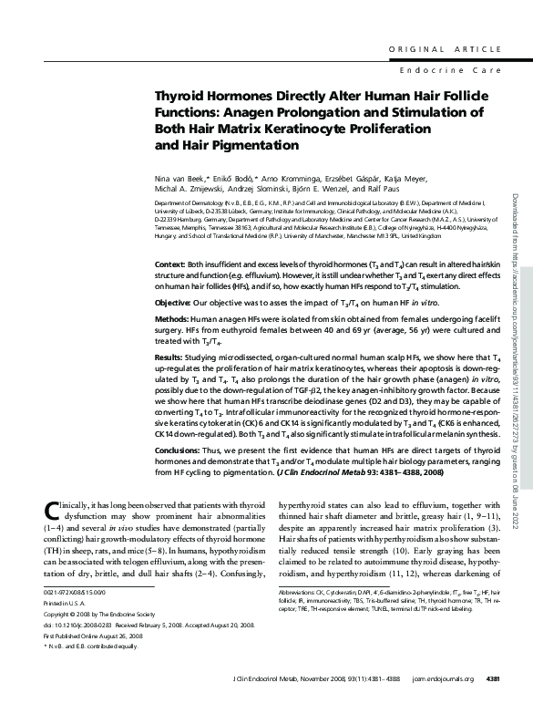 (PDF) Thyroid Hormones Directly Alter Human Hair Follicle Functions ...