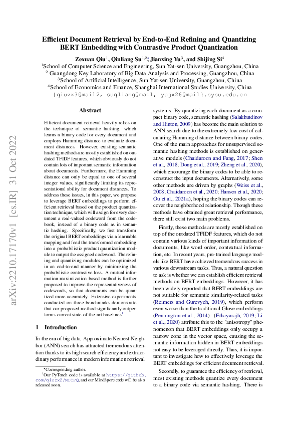 (PDF) Efficient Document Retrieval by End-to-End Refining and Quantizing BERT Embedding with ...