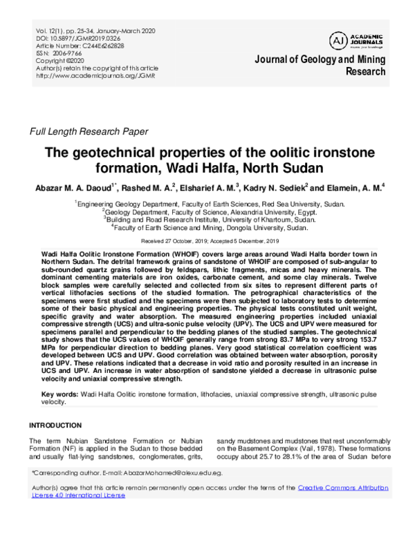 (PDF) The geotechnical properties of the oolitic ironstone formation, Wadi Halfa, North Sudan