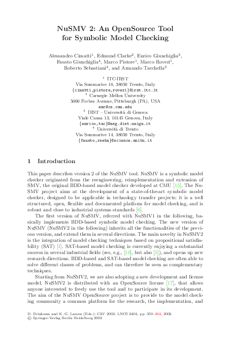 Pdf Nusmv 2 An Opensource Tool For Symbolic Model Checking Fausto Giunchiglia
