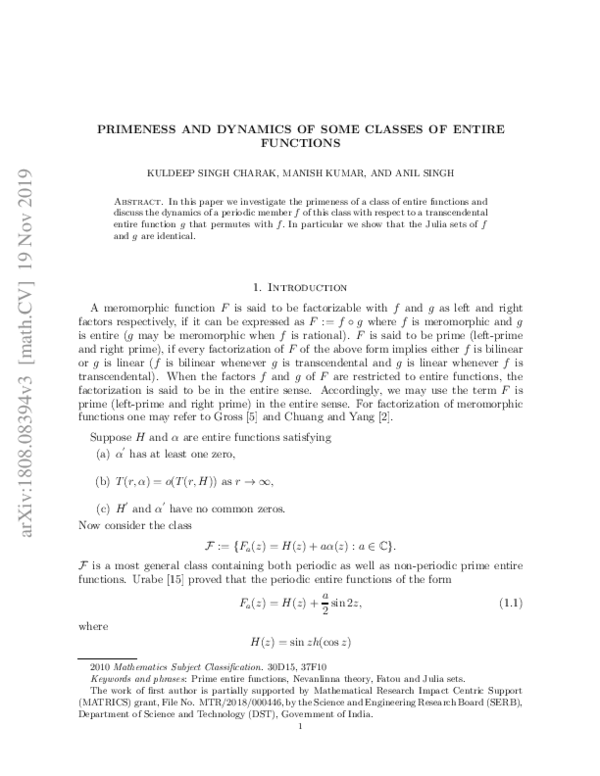 (PDF) Some remarks on primeness and dynamics of some classes of entire functions