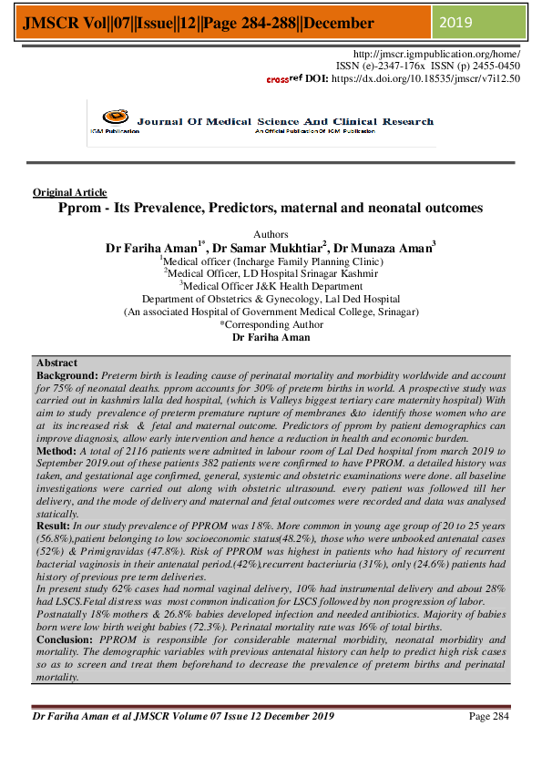 (PDF) Pprom - Its Prevalence, Predictors, maternal and neonatal outcomes