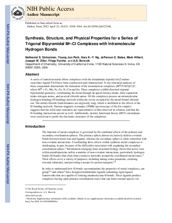 (PDF) Synthesis, structure, and physical properties for a series of trigonal bipyramidal MII–Cl ...