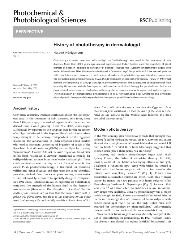 (PDF) History of phototherapy in dermatology | Herbert Honigsmann ...