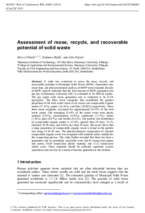 (PDF) Assessment of reuse, recycle, and recoverable potential of solid ...
