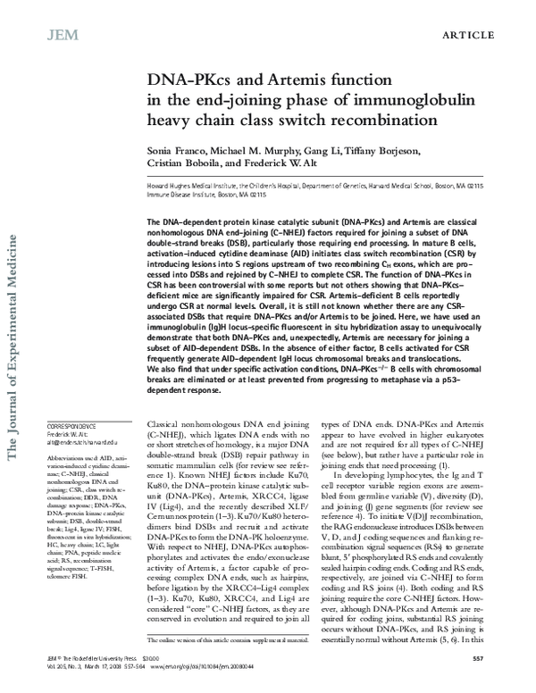(PDF) Faculty of 1000 evaluation for DNA-PKcs and Artemis function in ...