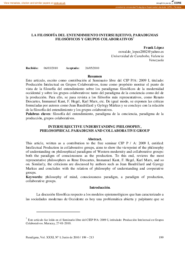 (PDF) La Filosofía Del Entendimiento Intersubjetivo, Paradigmas ...