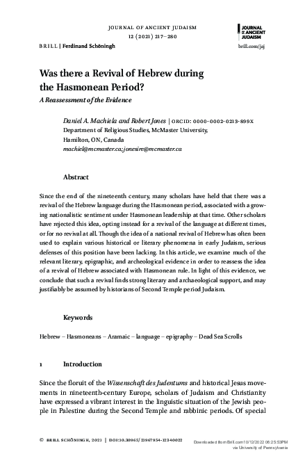 (PDF) Was there a Revival of Hebrew during the Hasmonean Period?