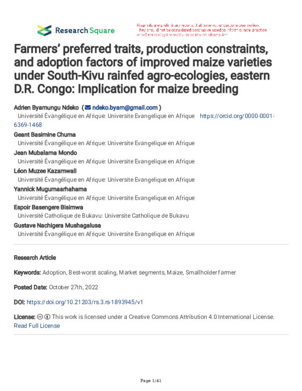 (PDF) Farmers’ preferred traits, production constraints, and adoption factors of improved maize ...