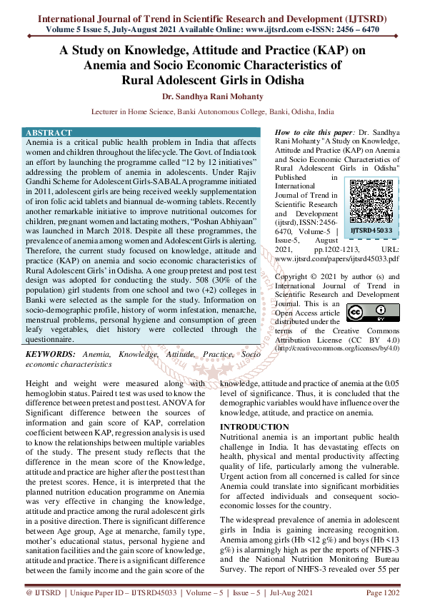 (PDF) A Study on Knowledge, Attitude and Practice (KAP) on Anemia and Socio Economic ...