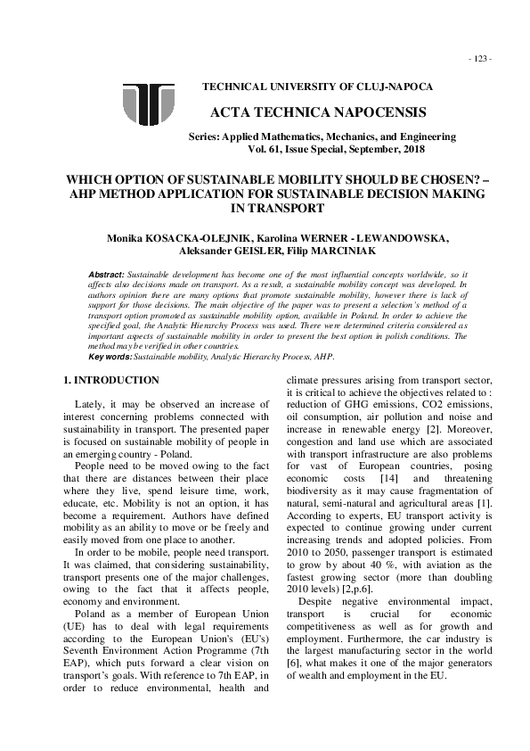 Pdf Which Option Of Sustainable Mobility Should Be Chosen Ahp Method Application For