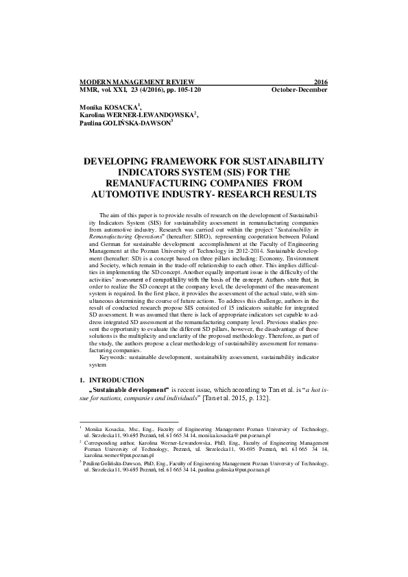 (PDF) Developing Framework for Sustainability Indicators System (Sis) for the Remanufacturing ...