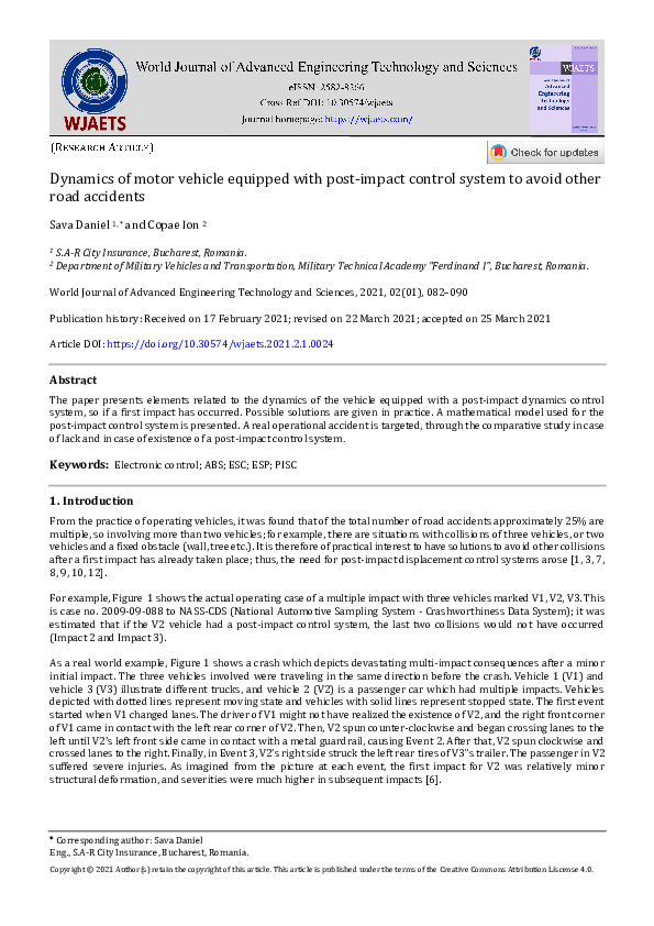 (PDF) Dynamics of motor vehicle equipped with post-impact control ...