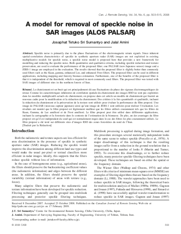(PDF) A model for removal of speckle noise in SAR images (ALOS PALSAR)
