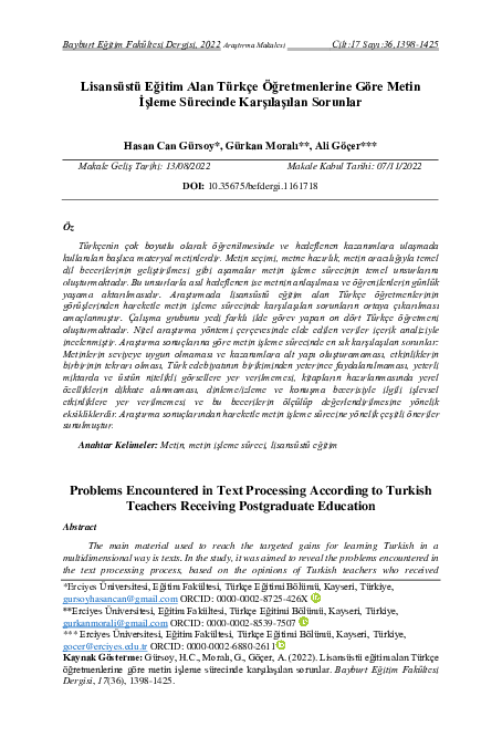 (PDF) Lisansustu Egitim Alan Turkce Ogretmenlerine Gore Metin Isleme ...