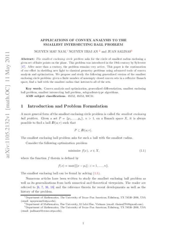 Pdf Applications Of Convex Analysis To The Smallest Intersecting Ball Problem