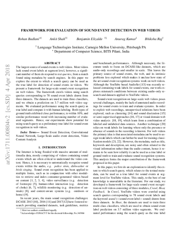 Pdf Framework For Evaluation Of Sound Event Detection In Web Videos