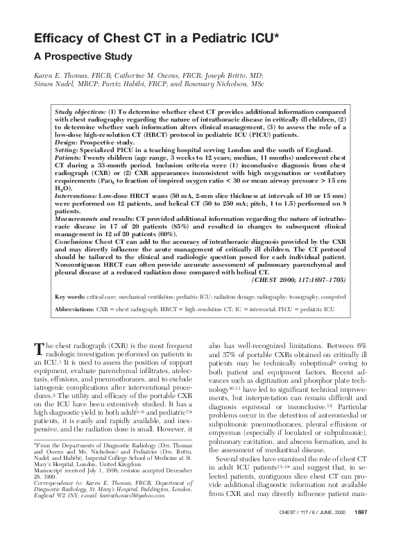 (PDF) Efficacy of Chest CT in a Pediatric ICU