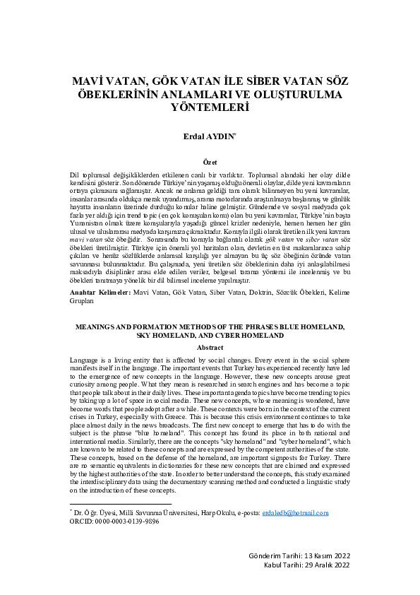 (PDF) Mavi Vatan, Gök Vatan ile Siber Vatan Söz Öbeklerinin Anlamları ve Oluşturulma Yöntemleri