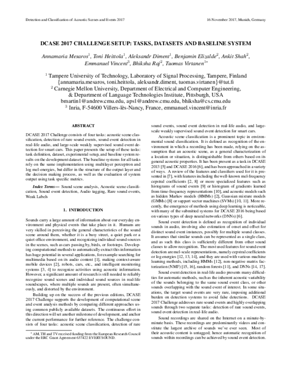 (PDF) DCASE 2017 CHALLENGE SETUP: TASKS, DATASETS AND BASELINE SYSTEM