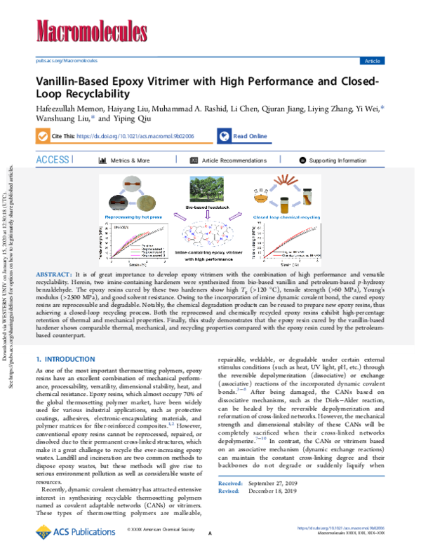 (PDF) Vanillin-Based Epoxy Vitrimer with High Performance and Closed ...