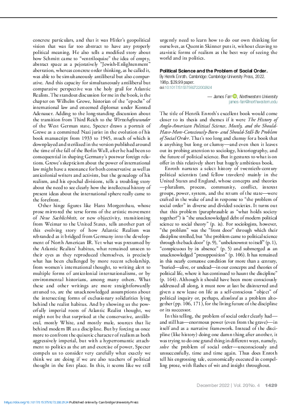 (PDF) Political Science and the Problem of Social Order. By Henrik ...
