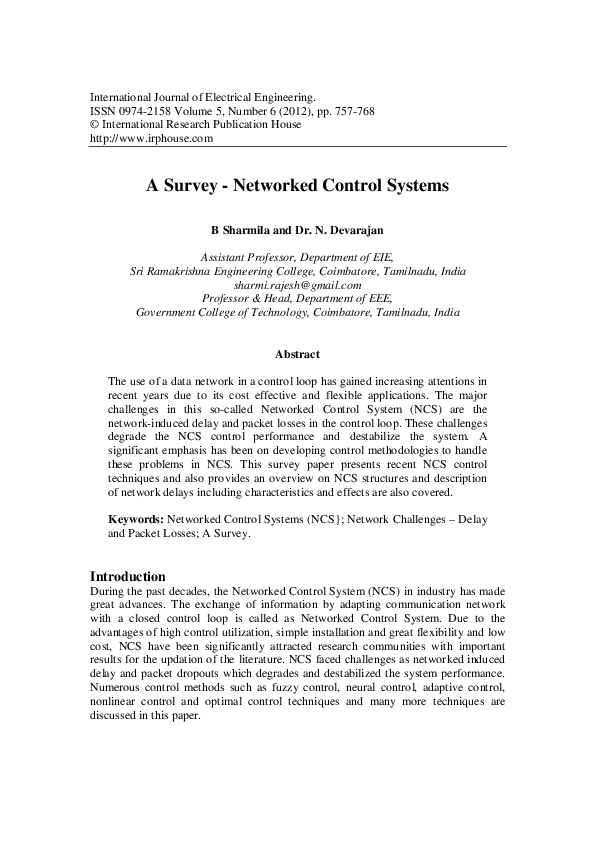 Pdf A Survey Networked Control Systems
