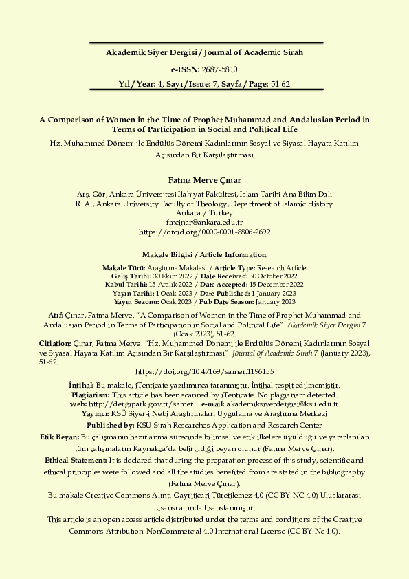 Pdf A Comparison Of Women In The Time Of Prophet Muhammad And Andalusian Period In Terms Of
