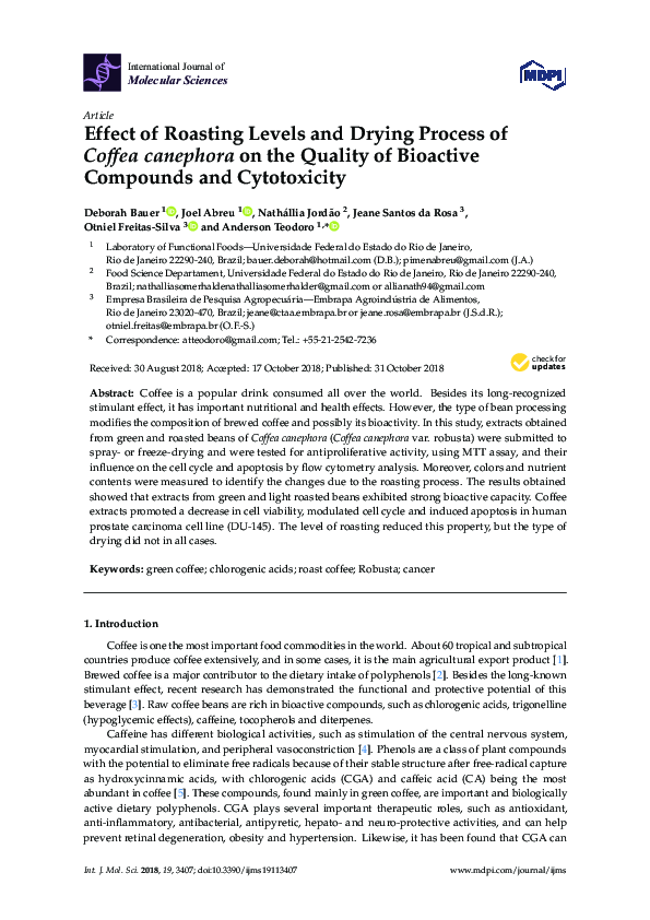 (PDF) Effect of Roasting Levels and Drying Process of Coffea canephora on the Quality of ...