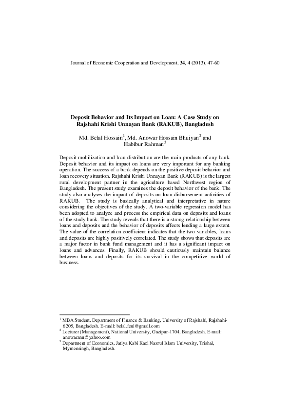 (PDF) Deposit Behavior and Its Impact on Loan: A Case Study on Rajshahi ...