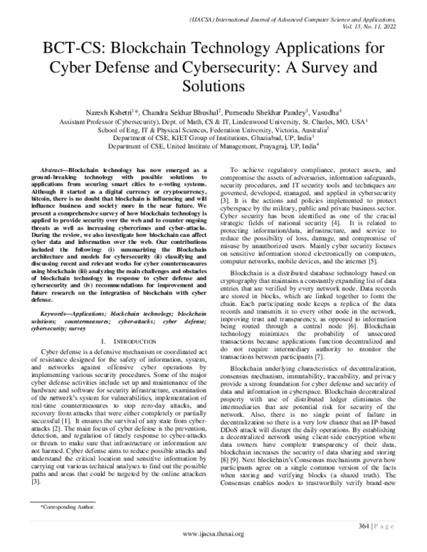 Pdf Bct Cs Blockchain Technology Applications For Cyber Defense And Cybersecurity A Survey