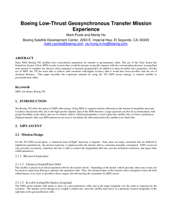 (PDF) Boeing Low-Thrust Geosynchronous Transfer Mission Experience