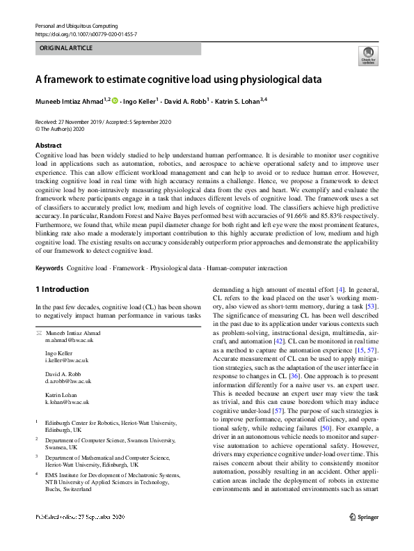 (PDF) A framework to estimate cognitive load using physiological data