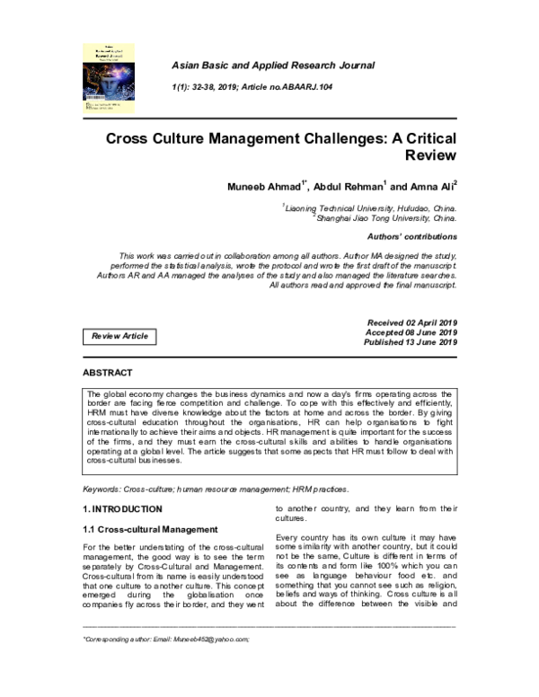(PDF) Cross Culture Management Challenges: A Critical Review