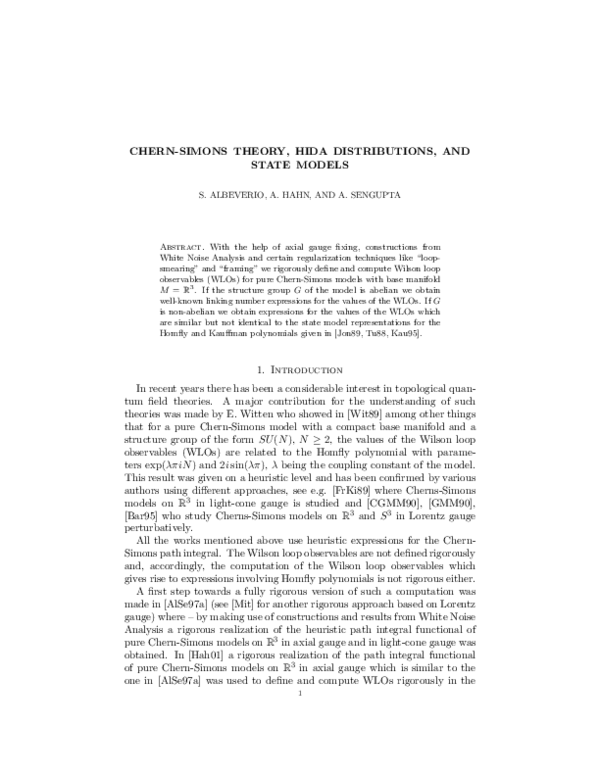 (PDF) Chern–Simons Theory, Hida Distributions, and State Models