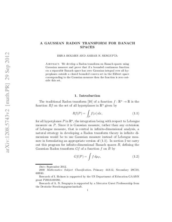 Pdf A Gaussian Radon Transform For Banach Spaces
