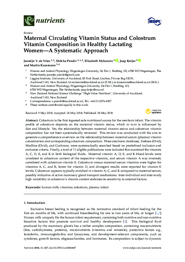 (PDF) Maternal Circulating Vitamin Status and Colostrum Vitamin ...
