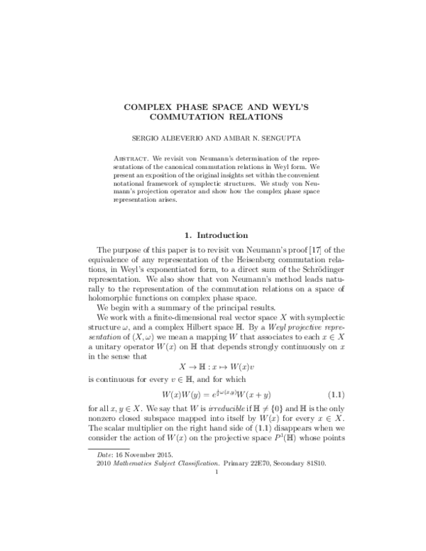 (PDF) Complex phase space and Weyl’s commutation relations