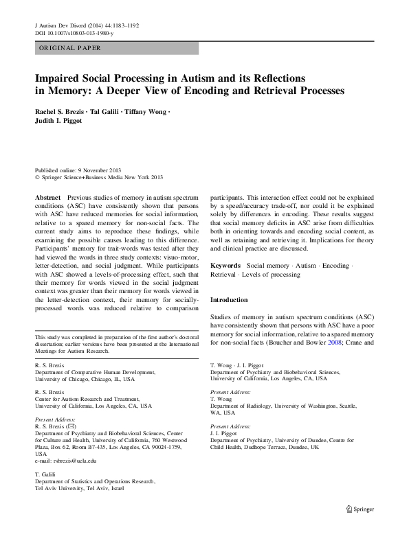 (PDF) Impaired Social Processing in Autism and its Reflections in Memory: A Deeper View of ...