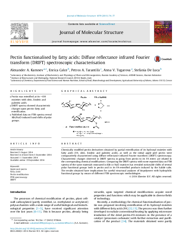 Pdf Pectin Functionalised By Fatty Acids Diffuse Reflectance Infrared Fourier Transform