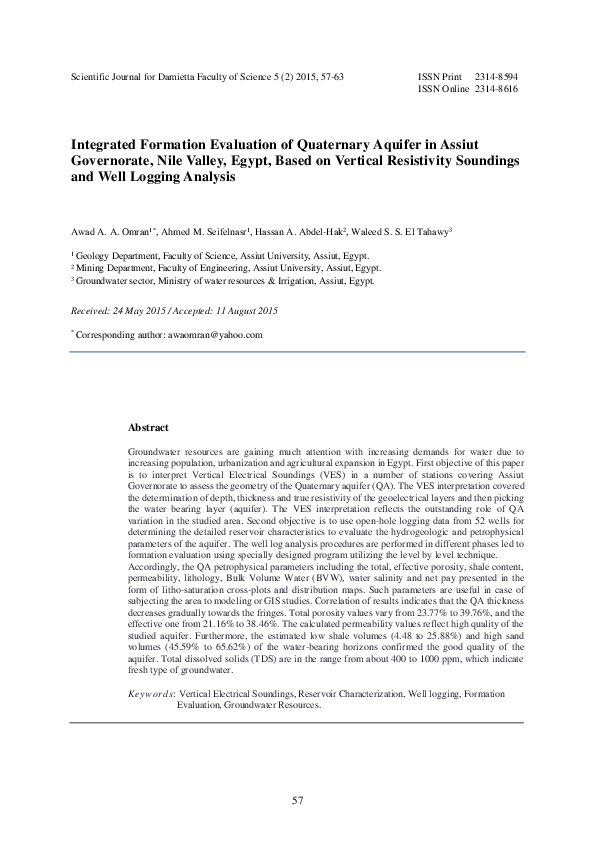 (PDF) Integrated Formation Evaluation of Quaternary Aquifer in Assiut Governorate, Nile Valley ...