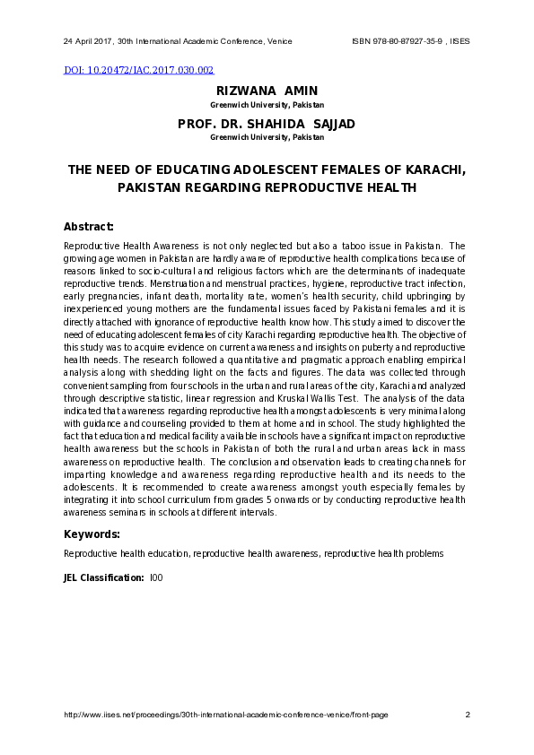 (PDF) The Need of Educating Adolescent Females of Karachi, Pakistan Regarding Reproductive ...