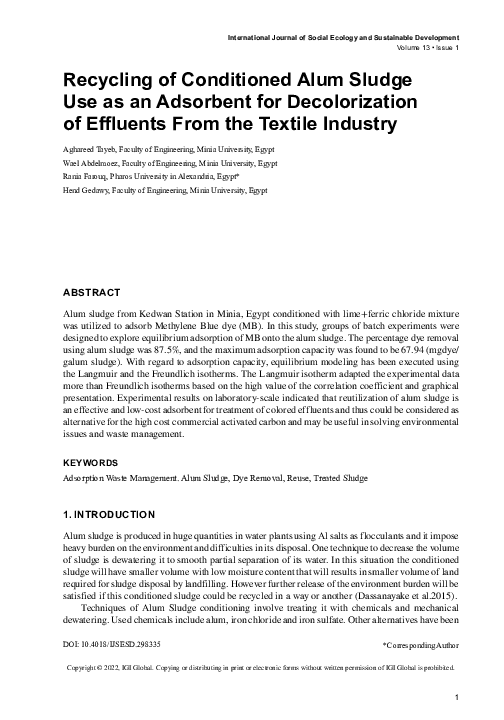 (PDF) Recycling of Conditioned Alum Sludge Use as an Ads