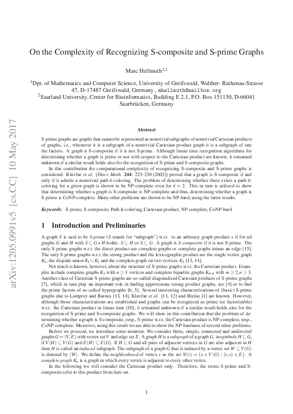 (PDF) On the complexity of recognizing S-composite and S-prime graphs | Marc Hellmuth - Academia.edu