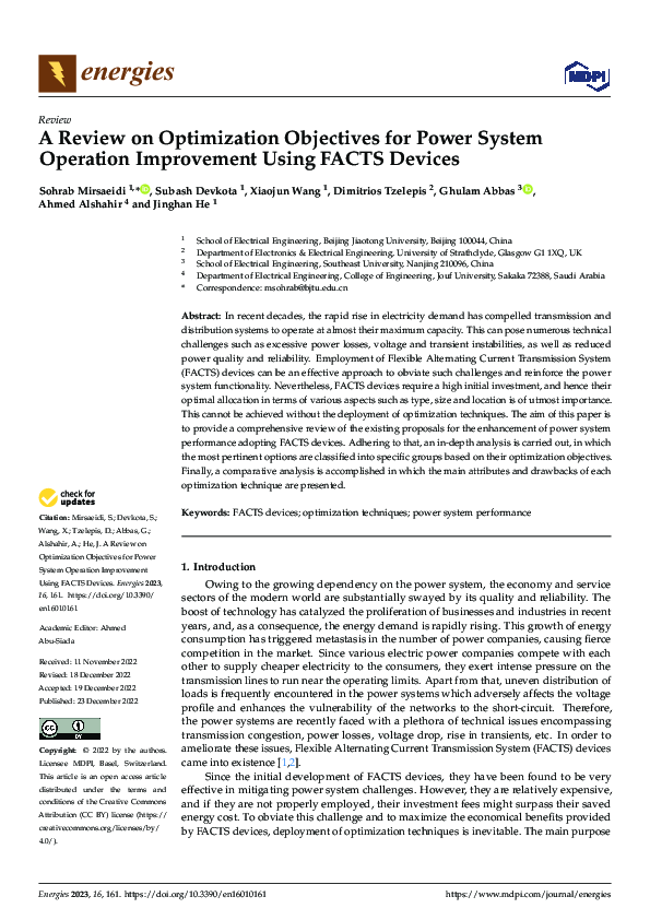 Pdf A Review On Optimization Objectives For Power System Operation Improvement Using Facts Devices