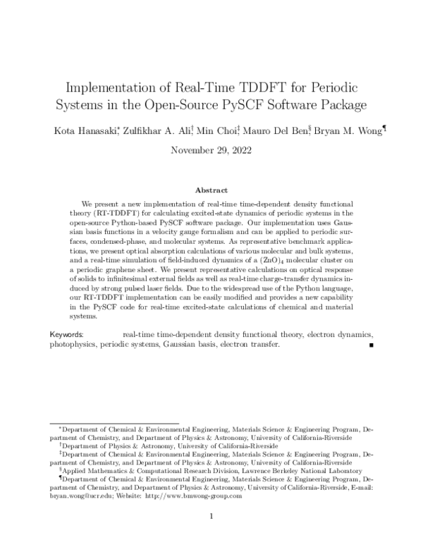 Pdf Implementation Of Real Time Tddft For Periodic Systems In The Open Source Pyscf Software