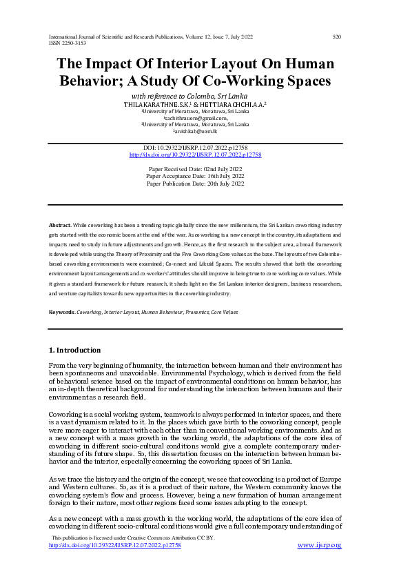 (PDF) The Impact Of Interior Layout On Human Behavior; A Study Of Co-Working Spaces with ...